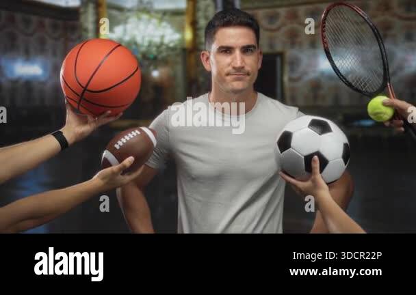 Man holds soccer ball and football while multiple hands offer ...