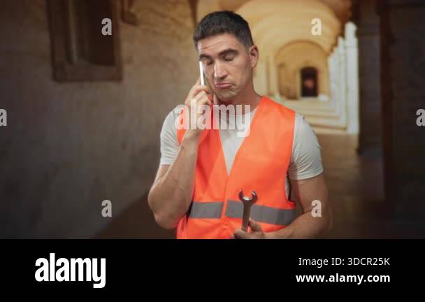 Man in orange safety vest holding wrench and talking on phone in an old ...