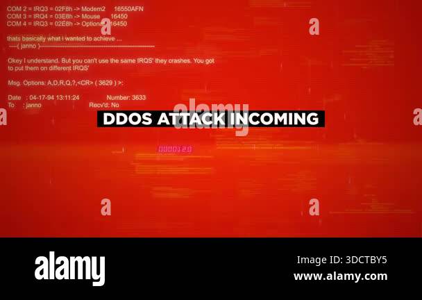 DDoS Attack Incoming Warning Text on hacking background screen Stock ...