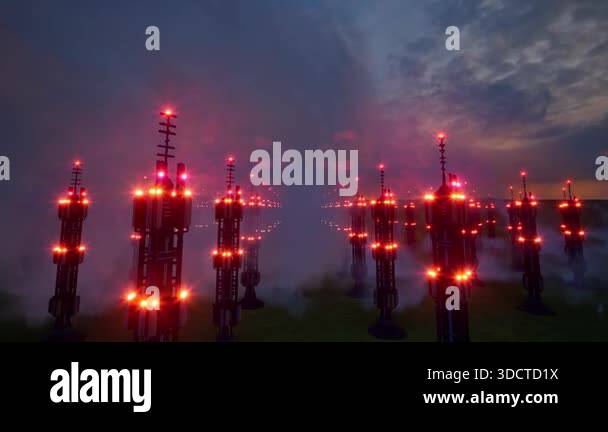 6g towers farm fog red led lights network telecommunication 4k Stock ...