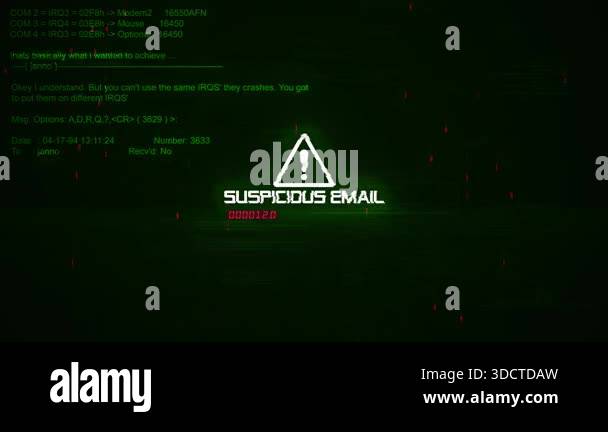 Suspicious Email Warning Text on hacking background screen V04 Stock ...