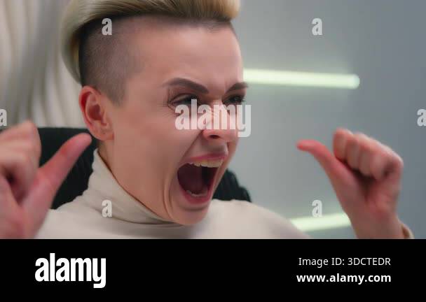 Caucasian woman girl shouting angry loud yelling mad futuristic female ...