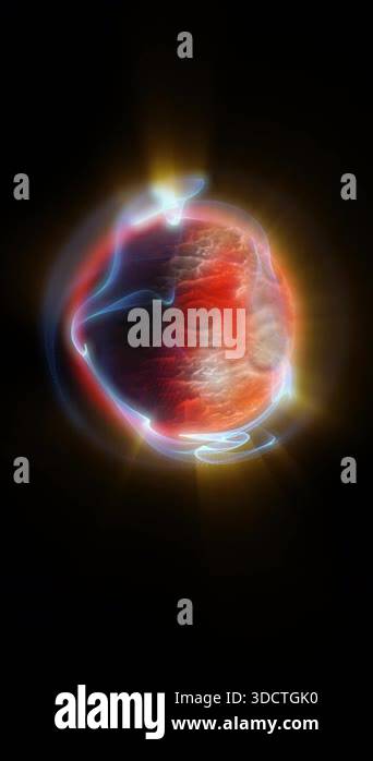 A bright, glowing sphere, consisting of particles and energetic dynamic ...