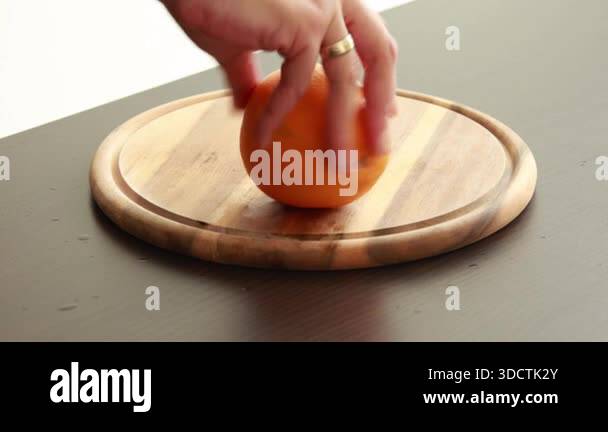 Slicing Fresh Orange on Wooden Cutting Board Close Up Food Preparation ...