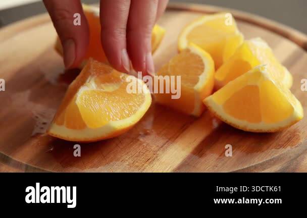 Slicing Fresh Orange on Wooden Cutting Board Close Up Food Preparation ...