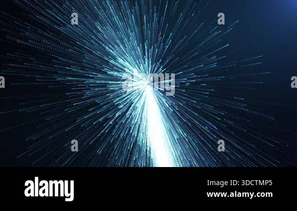 Abstract blue particle rays converging into a bright center, futuristic ...