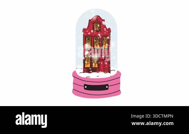 Snow falling over red building in snow globe animation. Loop animatio ...
