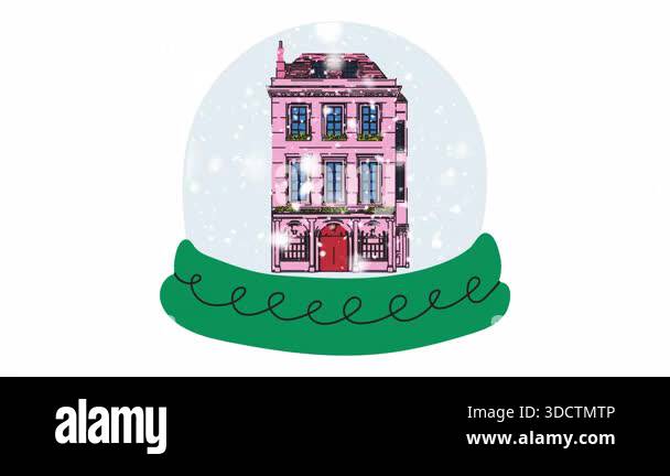 Snow falling over pink building in snow globe animation. Loop animatio ...