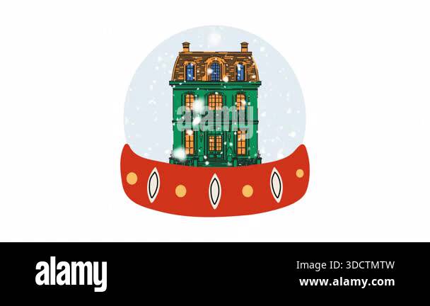 Snow falling over green building in snow globe animation. Loop animatio ...