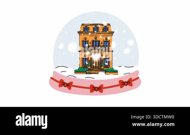 Loop animation of falling snow around a yellow building inside a snow ...