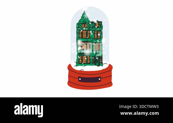 Loop animation of falling snow around a green building inside a snow ...