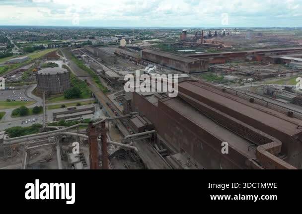 Aerial drone view of industrial steel production factory, heavy plant ...