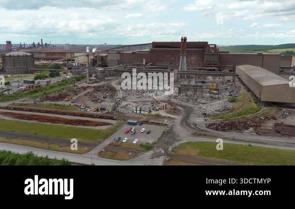 Aerial drone view of industrial steel production factory, heavy plant ...