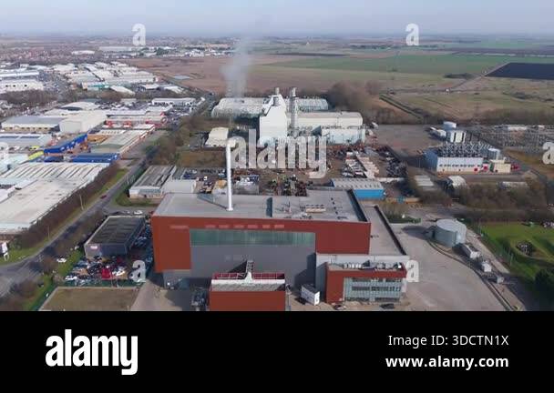 Aerial view of large power plant, electrical energy generation, smoke ...