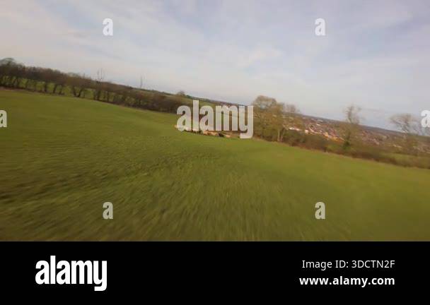 FPV drone aerial view over rural landscape and livestock, sunny England ...