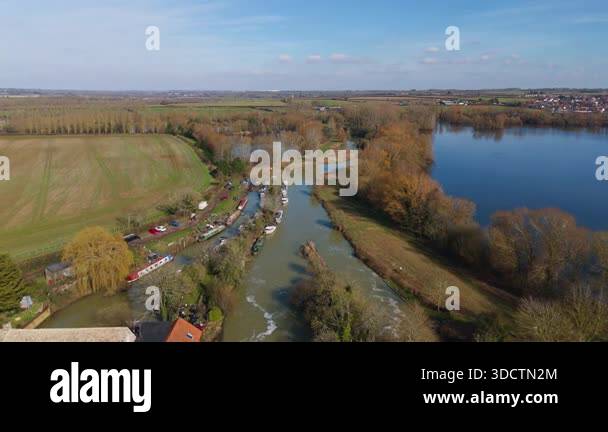 Aerial view of canal barge boats, river and lock systems, lake. Sunny ...