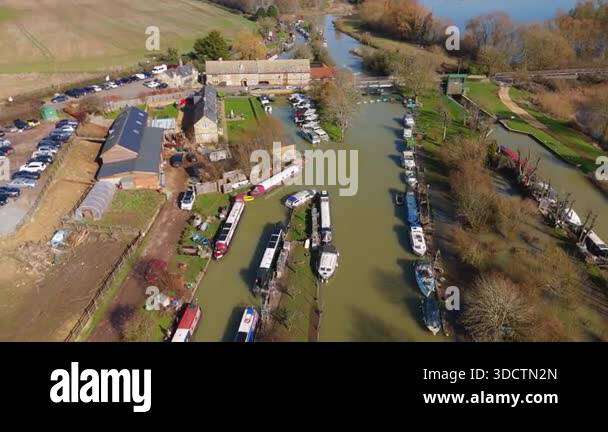 Aerial view of canal barge boats, river and lock systems, lake. Sunny ...