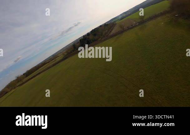 FPV drone aerial view over rural landscape and livestock, sunny England ...