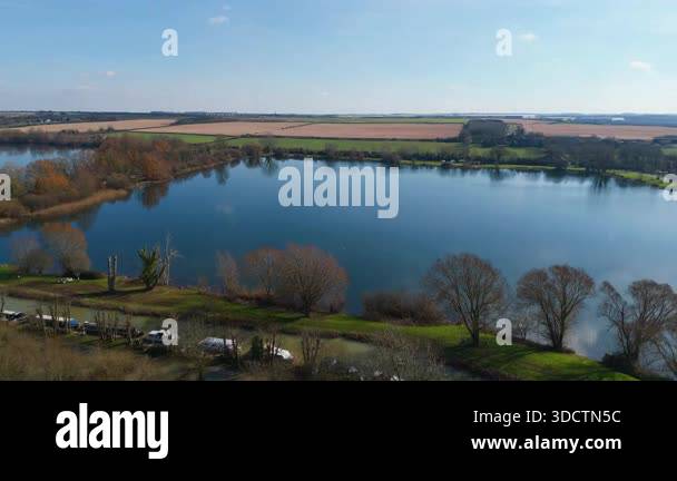Aerial view of canal barge boats, river and lock systems, lake. Sunny ...
