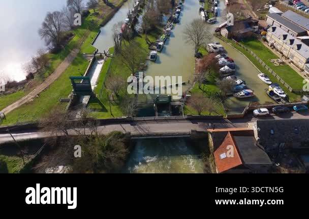 Aerial view of canal barge boats, river and lock systems, lake. Sunny ...