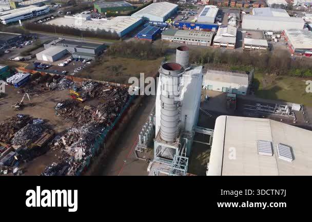 Aerial view of large power plant, electrical energy generation, smoke ...