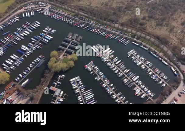 Aerial view of many canal boats, barges and yachts, river sailing ...