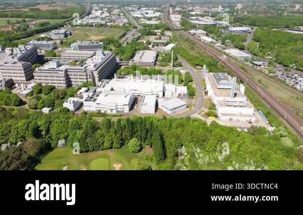 Aerial drone shot of industrial research and production facility ...