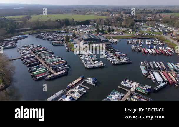 Aerial view of many canal boats, barges and yachts, river sailing ...