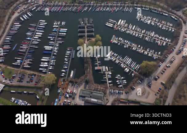 Aerial view of many canal boats, barges and yachts, river sailing ...