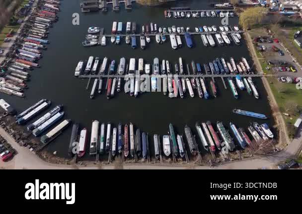 Aerial view of many canal boats, barges and yachts, river sailing ...