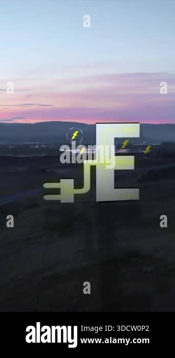 sunset landscape with glowing power symbol, stylized electric plug and ...