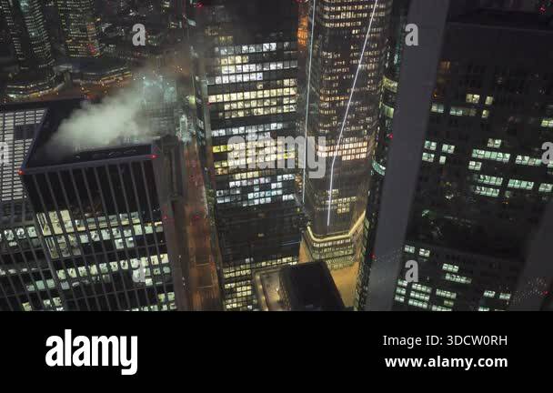 Aerial view of Omniturm and illuminated skyscrapers in Frankfurt am ...