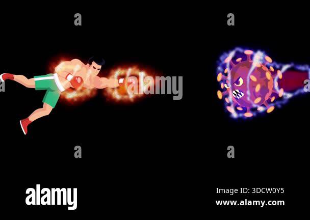 Animated boxer clashing with virus monster, creating fiery energy ...