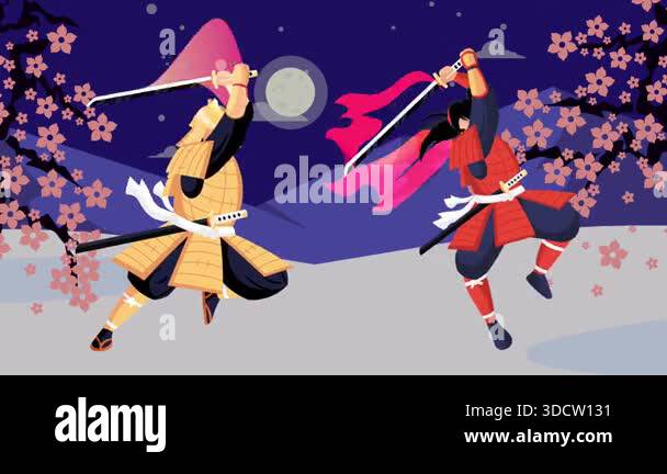 Two skilled samurai duel in a snowy open landscape at night. Their ...