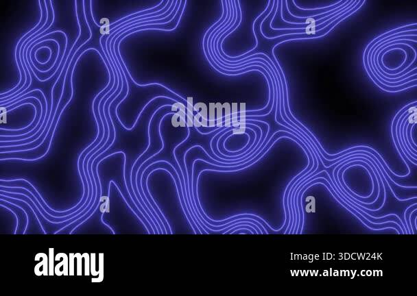 Neon glowing topographic contour lines flowing on dark surface ...