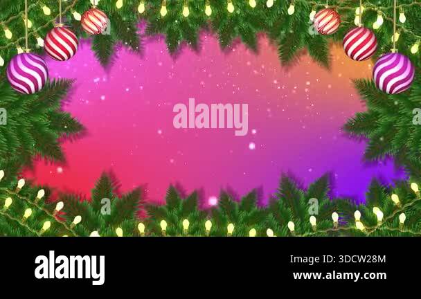 A festive frame of green fir boughs and string lights. Snow falls ...