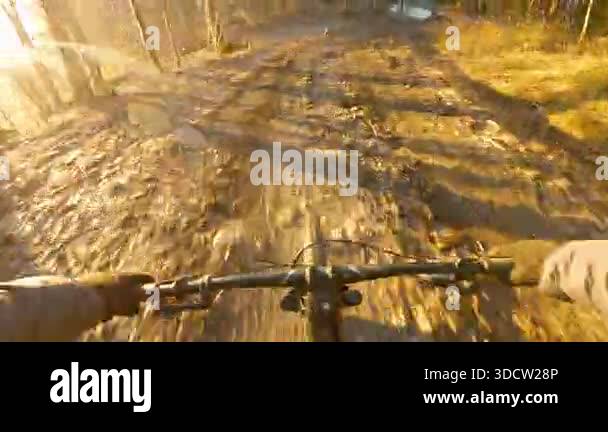 POV of a fast downhill mountain bike ride on a country road in autumn ...