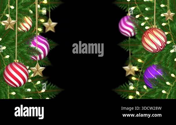 Colorful baubles and golden stars hang from fir boughs. Bright lights ...