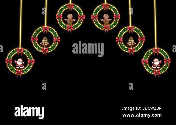 Five pine circles contain cute holiday characters inside. Gold strings ...