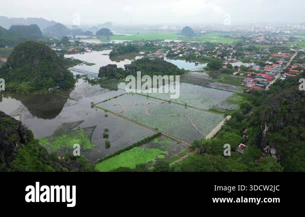 Asia, Land flooded by summer typhoon in Ninh Binh and Tam Coc in Red ...