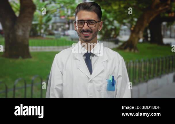 Young hispanic man wearing glasses and lab coat with pens in pocket ...