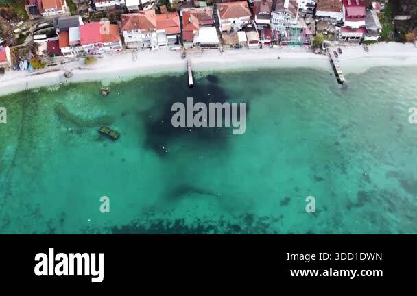 Aerial view of Trpejca village on Lake Ohrid in North Macedonia, with ...