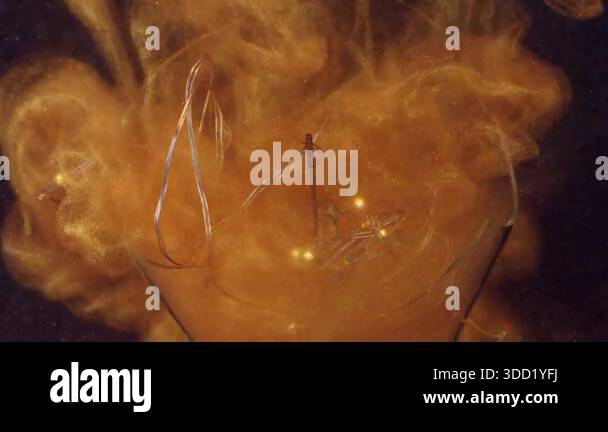 Glowing garland blur. Shimmering stream. Yellow blob golden paint in ...