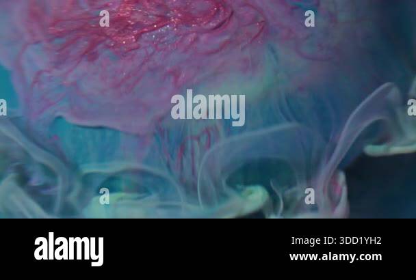 Dye spill. Blur paint wave. Sparkling red white smoke liquid pouring on ...
