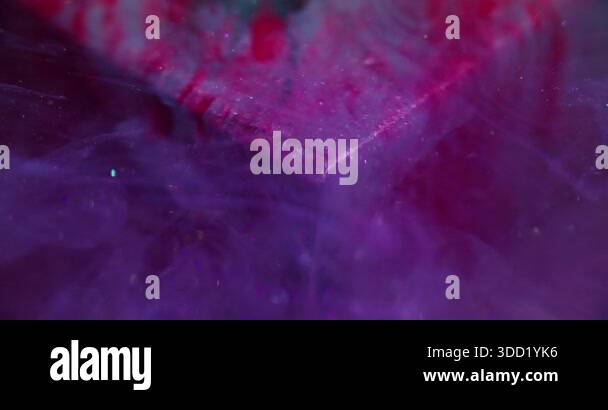 Sparkling smoke. Paint haze. Violet purple red fume spill art cube ...