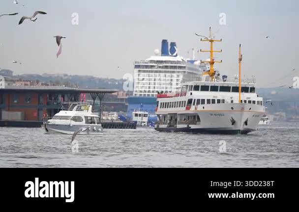Boats move through the harbor while seagulls fly around the area Stock ...