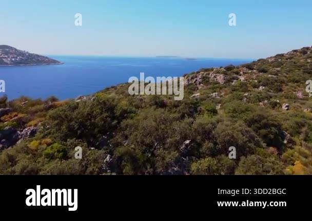 Aerial drone approach to a luxury peninsula with upscale villas in Kas ...