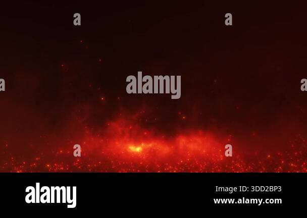 Fiery red glowing particles and flying ashes on dark background ...