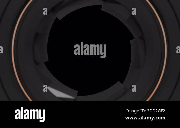 3D animation of a dark grey mechanical iris shutter closing and opening ...