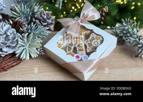 Beautiful gift box with delicious homemade gingerbread cookies on a ...